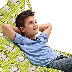 Lunarable Teacup Lounger Chair Bag, Vintage Glasses Coffee Cups on Polka Dots Backdrop Kitchen Illustration, High Capacity Storage with Handle Container, Lounger Size, Yellow Green Ivory
