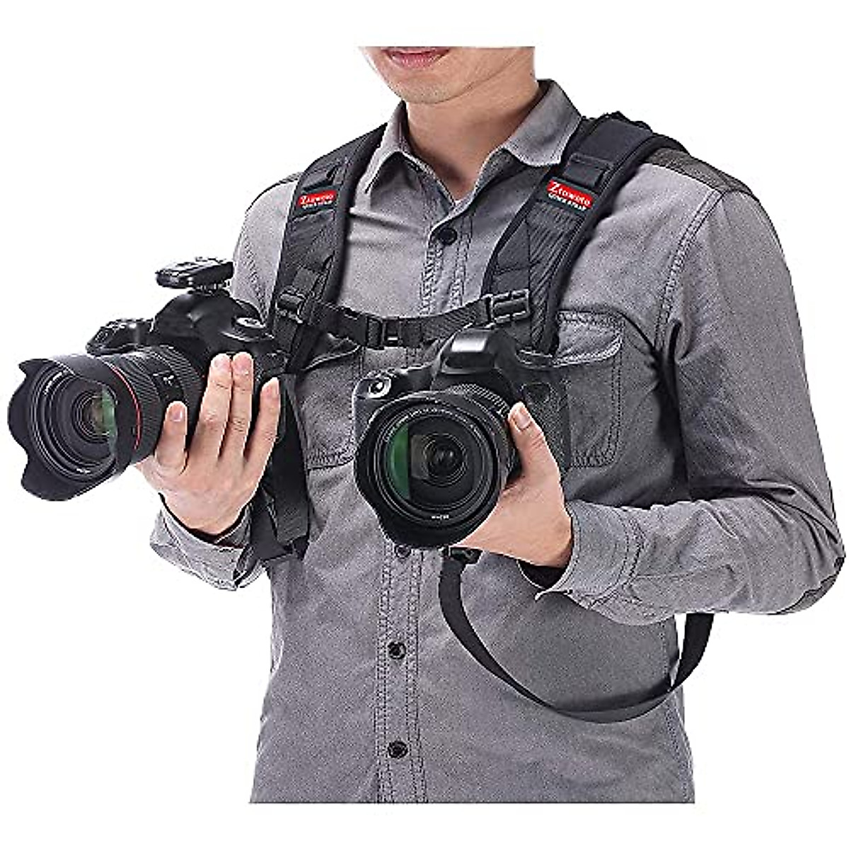 ztowoto Camera Shoulder Double Strap Harness Quick Release Adjustable Dual Camera Tether Strap with Safety Tether and Lens Cleaning Cloth for DSLR SLR Camera