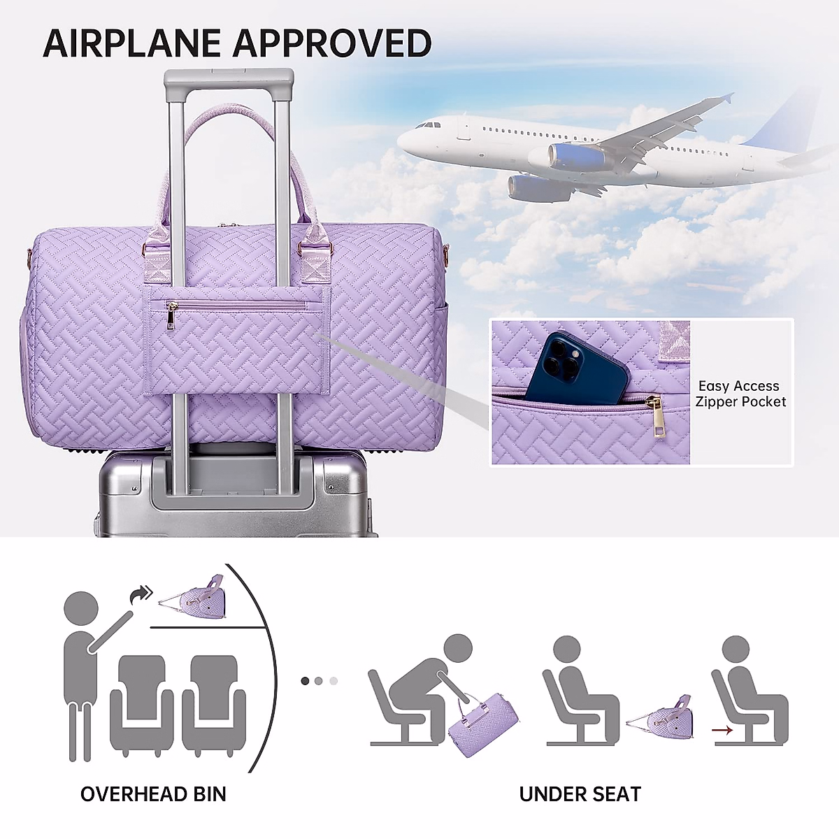 Duffle Bag for Travel, Weekender Bag with Shoe Compartment, Carry On Overnight Bag for Women with Toiletry Bag, Gym Bag with Wet Pocket, Hospital Bags for Labor and Delivery Lavender Purple