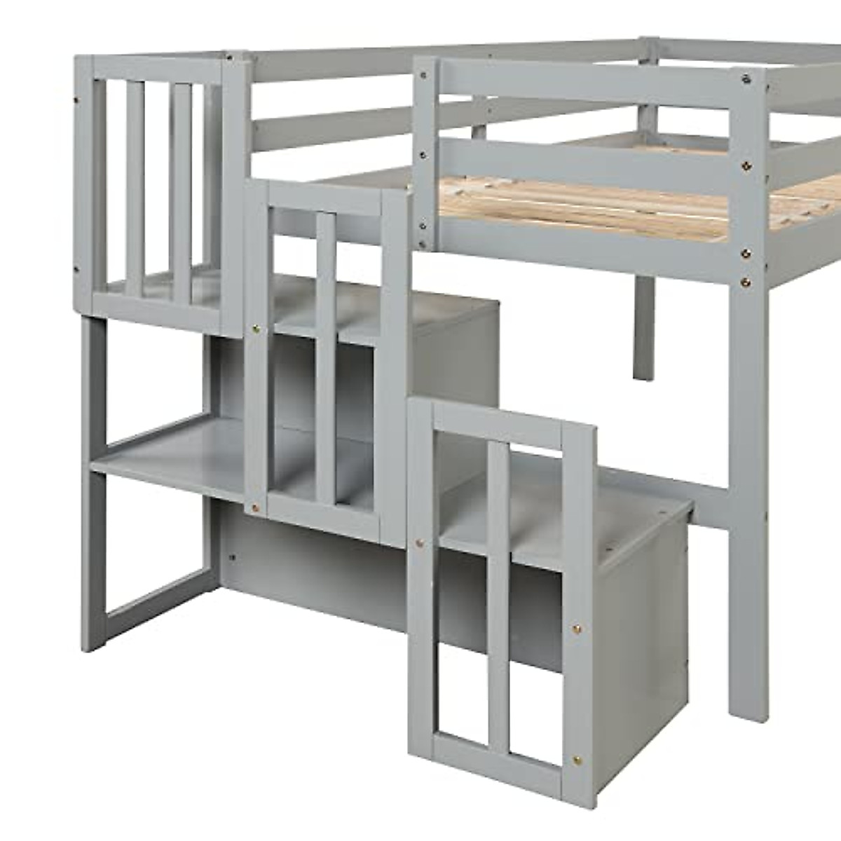 HomSof Loft Bed with Stairs and Storage,Gray