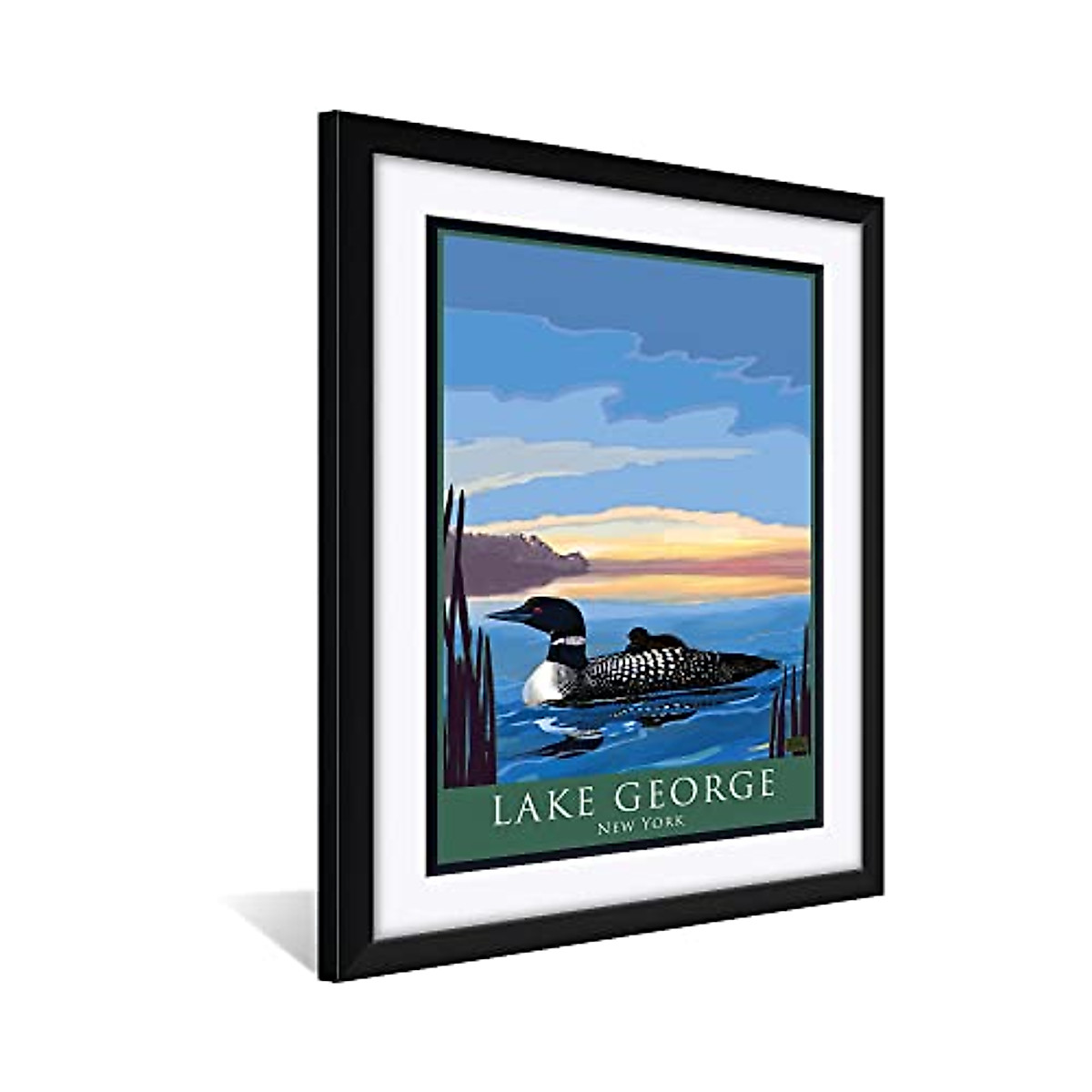 Lake George New York Loon & Chick Professionally Framed & Matted Art Print from Illustration by Artist Joanne Kollman Framed Art Size: 24" x 30"