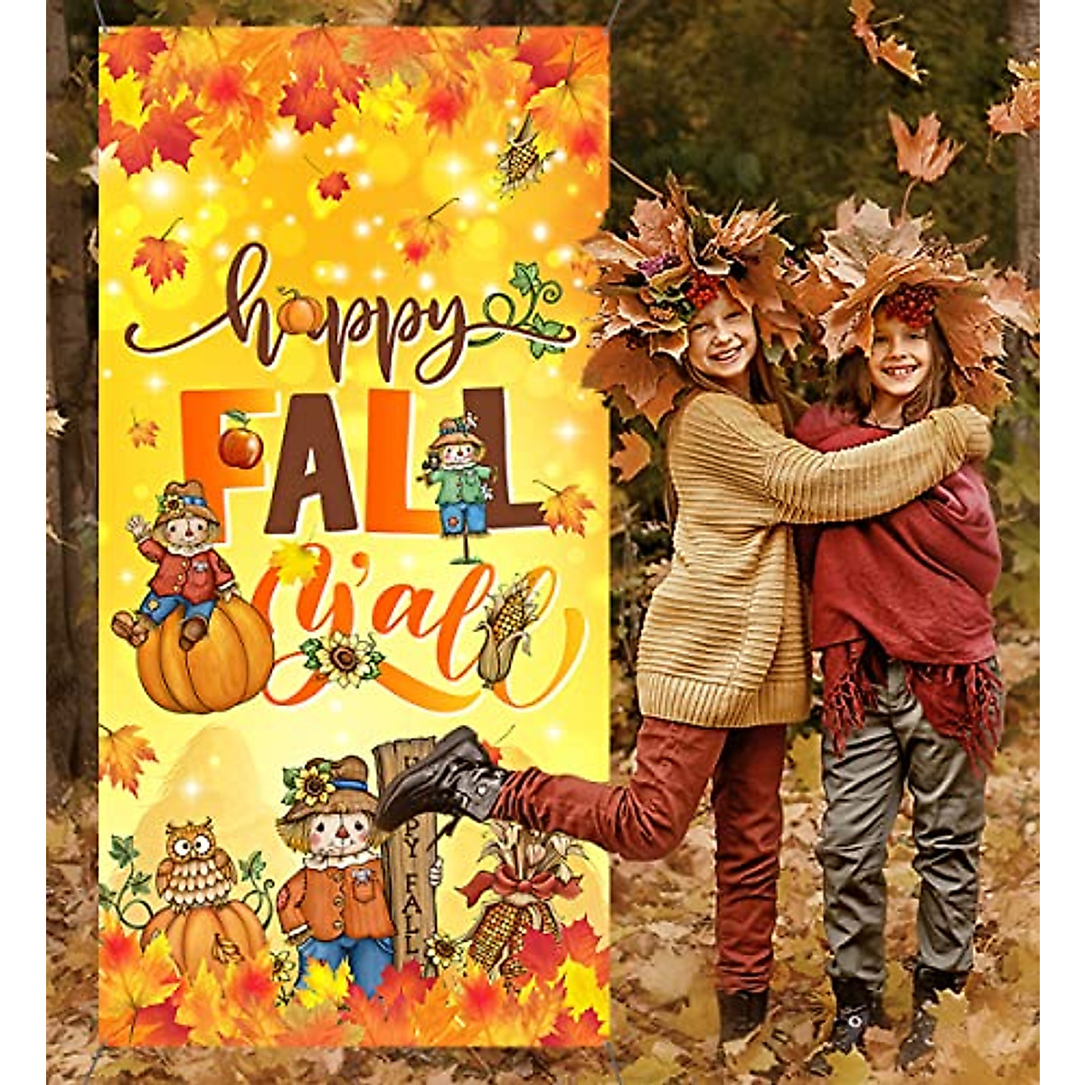 Fall Porch Decorations-Scarecrow Happy Fall Door Cover Thanksgiving Maple Leaves Pumpkin Banner Photo Background for Autumn Decor