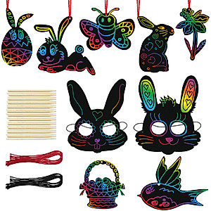 Easter Scratch Art for Kids Bulk, Set of 48 Scratch Art Ornaments, Wooden Stick, & Ribbon, Easter Craft Kit, Unique Teen Easter Basket Stuffers, Cool Fun Easter Gifts for Teens, Easter Craft Kit