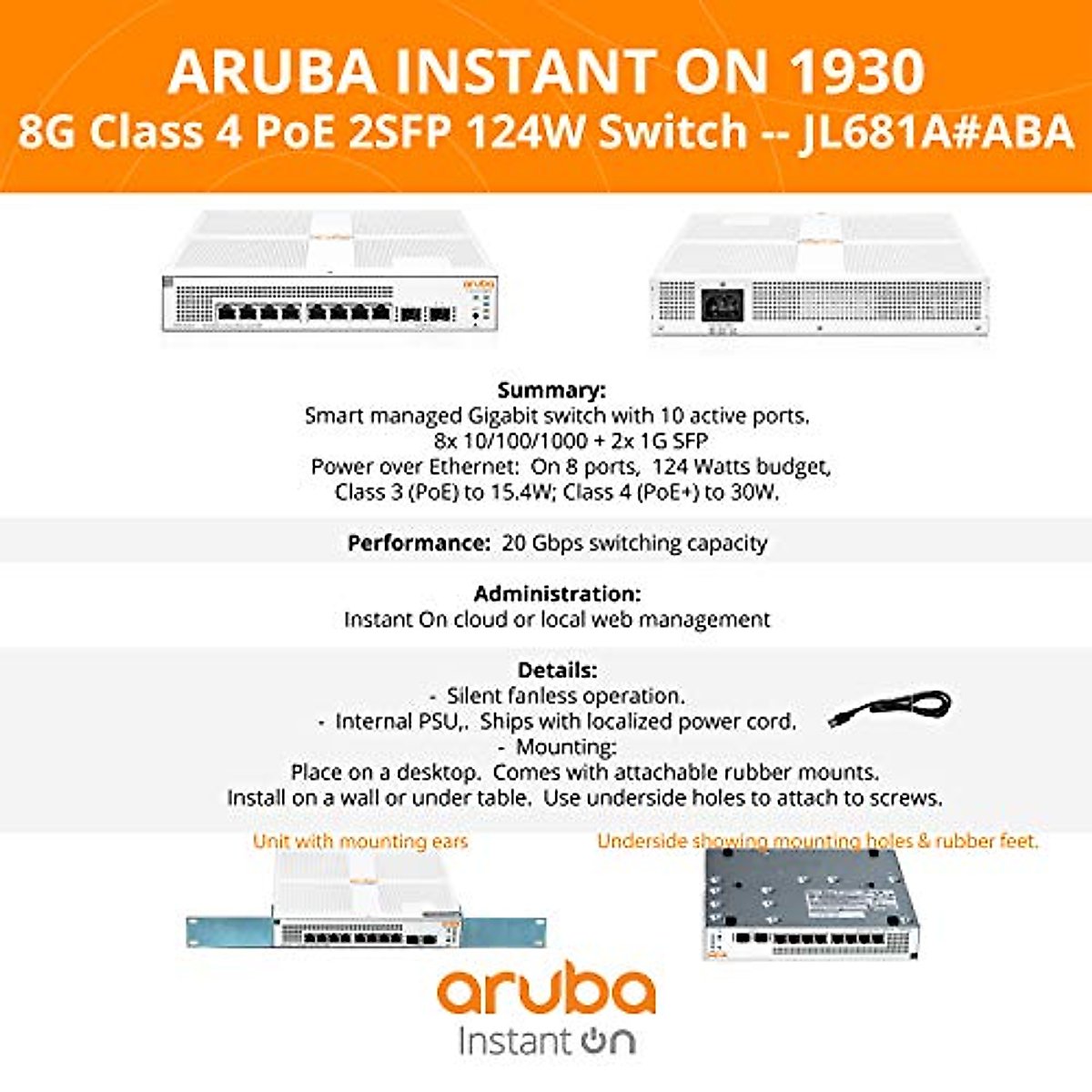 Aruba a Hewlett Packard Enterprise company HPE Networking 1930 8-Port Gb Smart-Managed Layer 2+ Ethernet Switch with PoE | 8X 1G | 2X SFP | 8X CL4 PoE 124W | US Cord (JL681A#ABA)