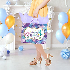 13" Large Mermaid Happy Birthday Gift Bag with Handle, Tissue Paper and Card for Kids Girls