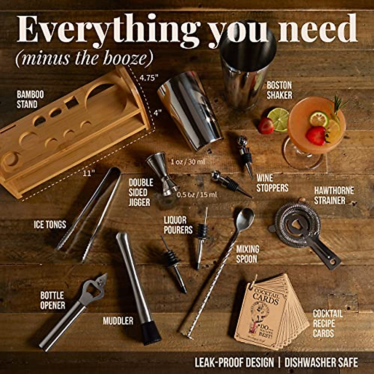 Mixology & Craft Bartender Kit - 13 Piece Set Including Stainless Steel Cocktail Making with Bar Stand & Boston Shaker, Perfect for Drink Mixing at Home, Plus Exclusive Recipe Cards