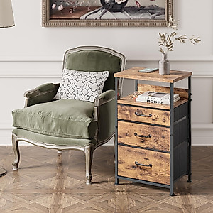 YeTom Nightstand, Bedside Table with 3 Fabric Drawers, Side Table with Open Shelf, End Table with Steel Frame,3 Drawer Dresser for Bedroom, Entryway, College Dorm, Easy Assembly,Brown