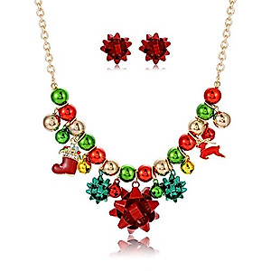 JERTOCLE Christmas Necklace Earrings Set Statement Xmas Charm Jingle Bell Chunky Collar Gift Bow Pendant Necklace Stud Earrings Set (gift bow)