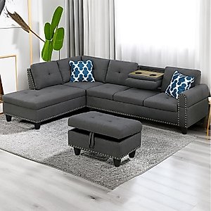 Yafylly L Shaped Sectional Couch, Living Room Furniture Set with Storage Ottoman, Deep Seat Modular Sofa with 2 Cup Holders, 2 Throw Pillows for Large Space, Grey