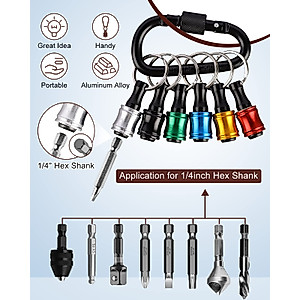 12pc Portable Bit holder Keychain, 1/4in Hex Shank Screwdriver Bit Clip for Impact Driver Flexible Drill Bit Extension Nut Driver W/Black Carabiner, Quick Release Lightweight Drill Screw Adapter