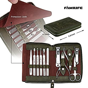 FAMILIFE Manicure Set, Nail Kit 11 in 1 Gifts for Men him Pedicure Kit Stainless Steel Mens Manicure Kit Professional Leather Pedicure Tools Mens Grooming Kit with Dark Green Travel Case Nail Clippers