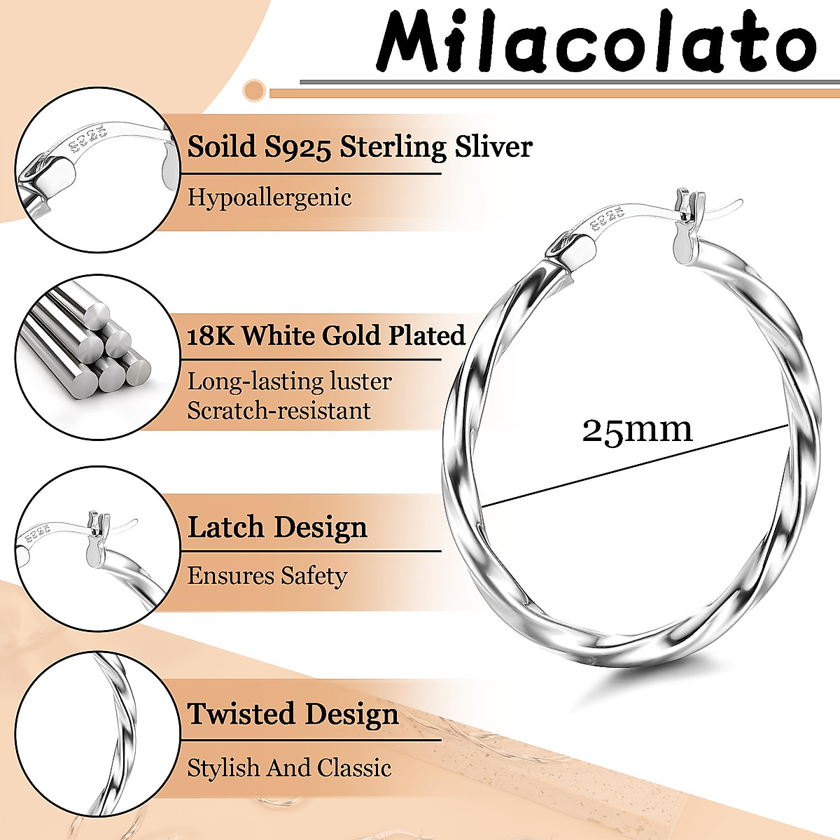 Milacolato 925 Sterling Silver Hoop Earrings for Women 18K White Gold Plated Twisted Hoop Earrings Hypoallergenic Lightweight Click-Top Big Hoop Earrings 25mm