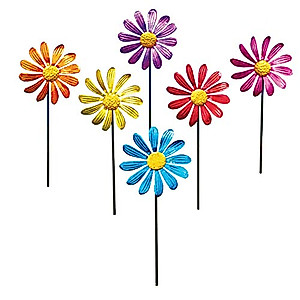 Collections Etc Colorful Seasonal Daisy Petal Spinners, Metal Stakes - Set of 6-18" Tall - Spring, Summer Seasonal Decor - for Gardens, Yards, & Front Lawns
