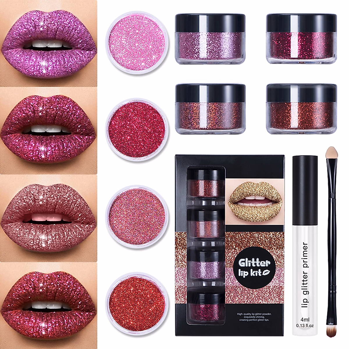 LOKFAR 4 Colors Glitter Lip Kit, Shiny Diamond and Metallic Lip Glitter Makeup Lipstick Lip Gloss Glitter Lipstick, Waterproof & Long Lasting Lip makeup Powder Set for Lips Nails Art(Set A Warm Color)