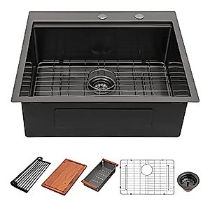 Beslend 28 Black Drop In Workstation Kitchen Sink - 28"x22"x10" Gunmetal Black Stainless Steel Topmount 16 Gauge 10 Inch Deep Sink