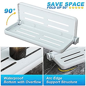 SKIKEN Wall Mounted Bathroom Folding Shelf, Small Shelves Rack for Laundry Room, 90° Fold Up, Metal Folding Panels for Bedside, Toilet Room, Extra Storage Shelf (2-Pack, White)