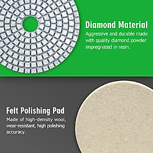 Diamond Polishing Pads 5 Inch with 5/8’’-11 Hook & Loop Backing Pads, 10pcs Wet/Dry Concrete Polish Tools Kit for Drill, Grinder, Polisher, 50-3000 Grit Polishing Set for Marble Granite Quartz Stone