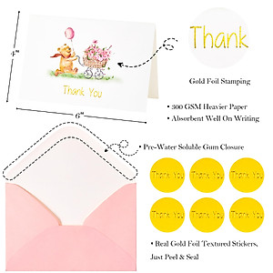 Crisky Baby Shower Girl Thank You Cards with Envelopes 50 Pack Pink Baby Shower Greeting Notes Bulk (Cute Bear with Baby Carriage)