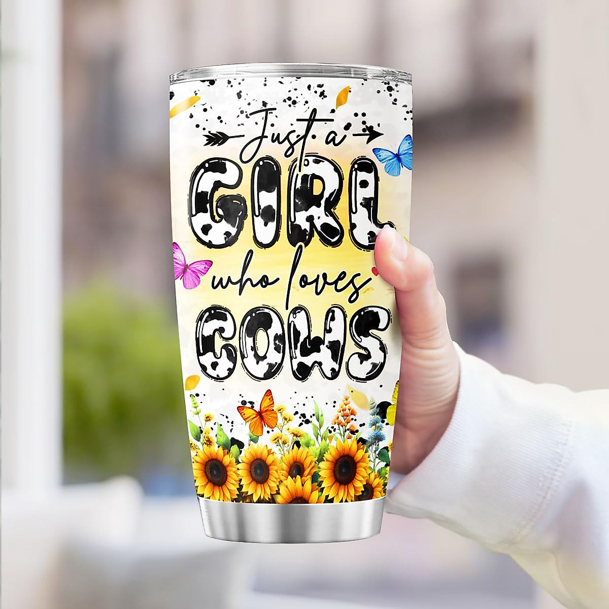 JENOIS Just A Girl Dairy Cow, Tumbler 20 Oz With Lid And Straw, Print Cups Floral Sunflower Handle Flower, Cow Gifts