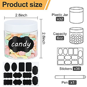 32PCS 6OZ Plastic Jars with Screw On Lids, Labels & A Pen, Round Wide Mouth Clear Storage Containers for Beauty Products, DIY Slime, Crafts Making, Spices, Cereal or Dry Food Storage (White cover)