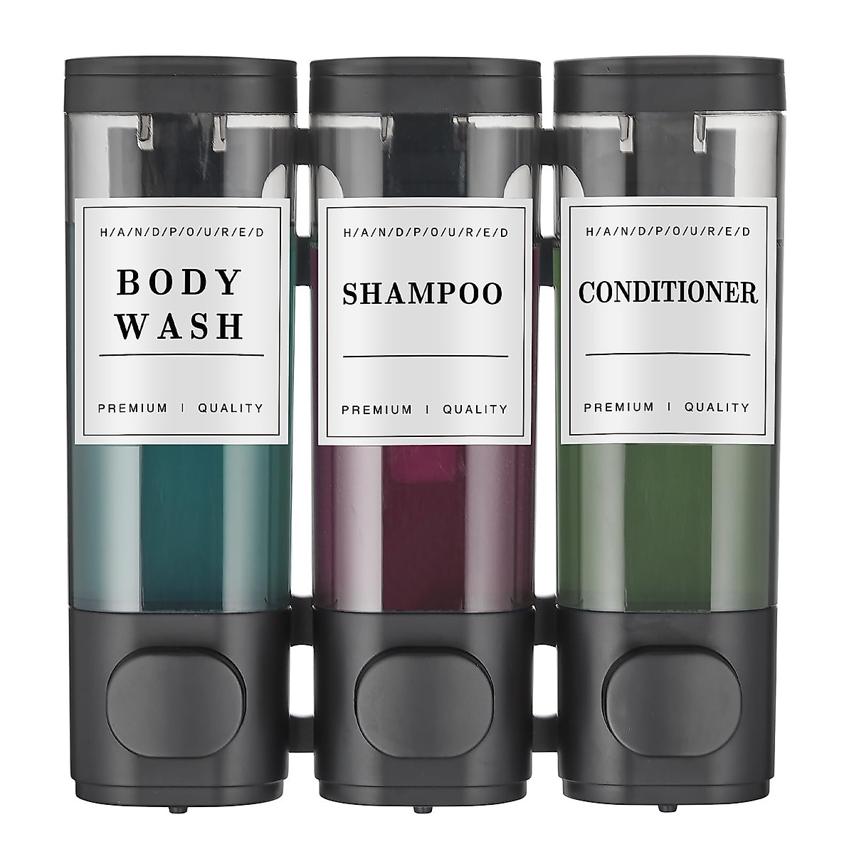 Shampoo and Conditioner Dispenser Shower Dispenser Body Wash Wall Mounted Shampoo Dispenser for Shower Wall No Drill for Bathroom Hotel 3 Chamber x 300ml Black with Waterproof Labels