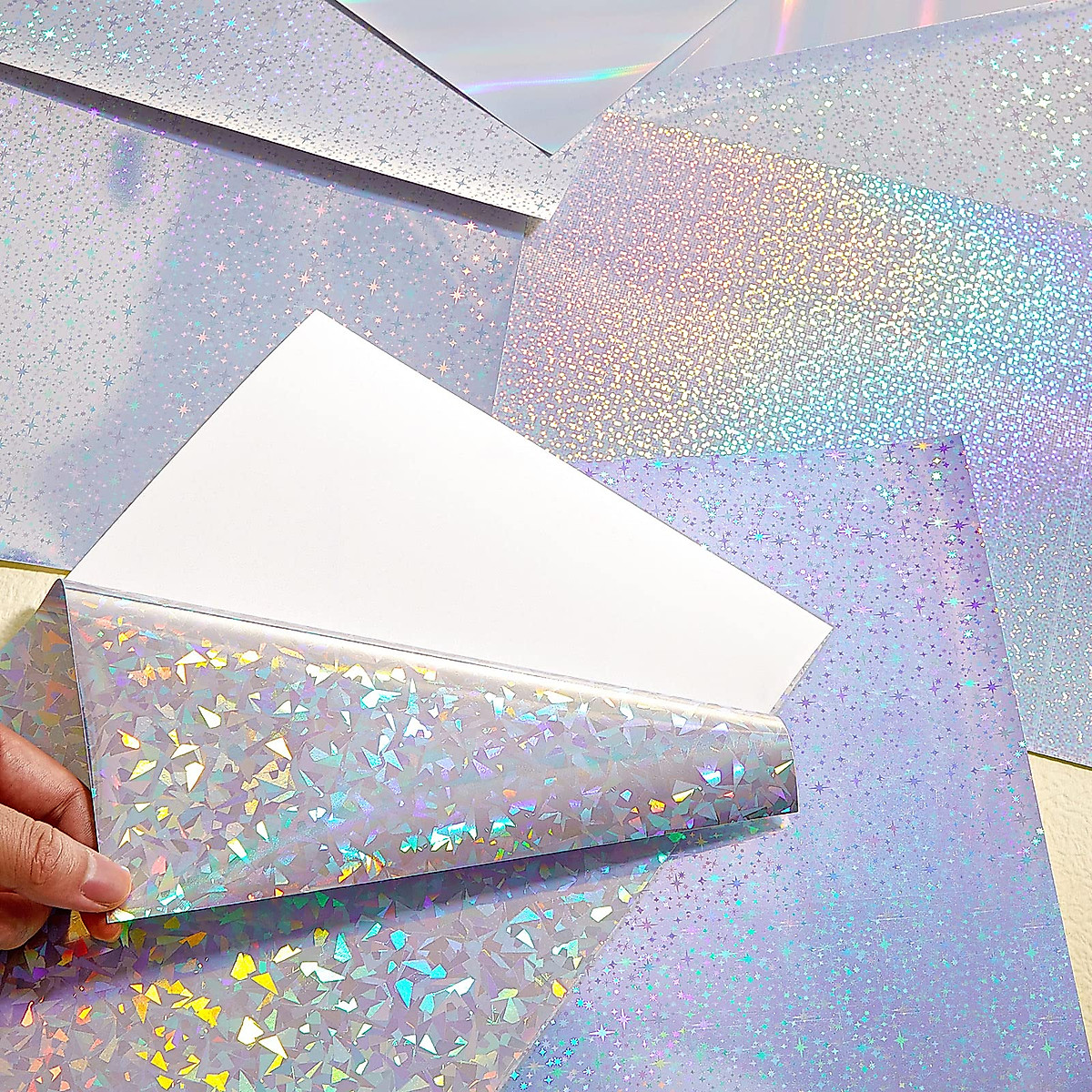 60 Sheets Printable Holographic Laminate Sheets Vinyl Sticker Paper Printable Holographic Sticker Paper for Inkjet/Laser Printer Waterproof Sticker Paper with Gem Rainbow Spot Star Patterns 8.5 x 11"