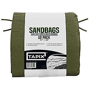 Empty Sandbags Military Green with Ties (Bundle of 10) 14" x 26" - Woven Polypropylene Sand Bags, Extra Heavy Duty Sandbags for Flooding, Sand Bags Flood Protection