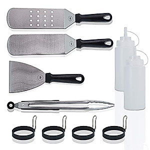 Weselyn Flat Top Grill Accessories Kit - 11-Pc Griddle Set with Melting Dome, Burger Spatulas, Scraper, Egg Rings and Squirt Bottles - Stainless Steel BBQ Tool Kit Ideal Blackstone Accessories