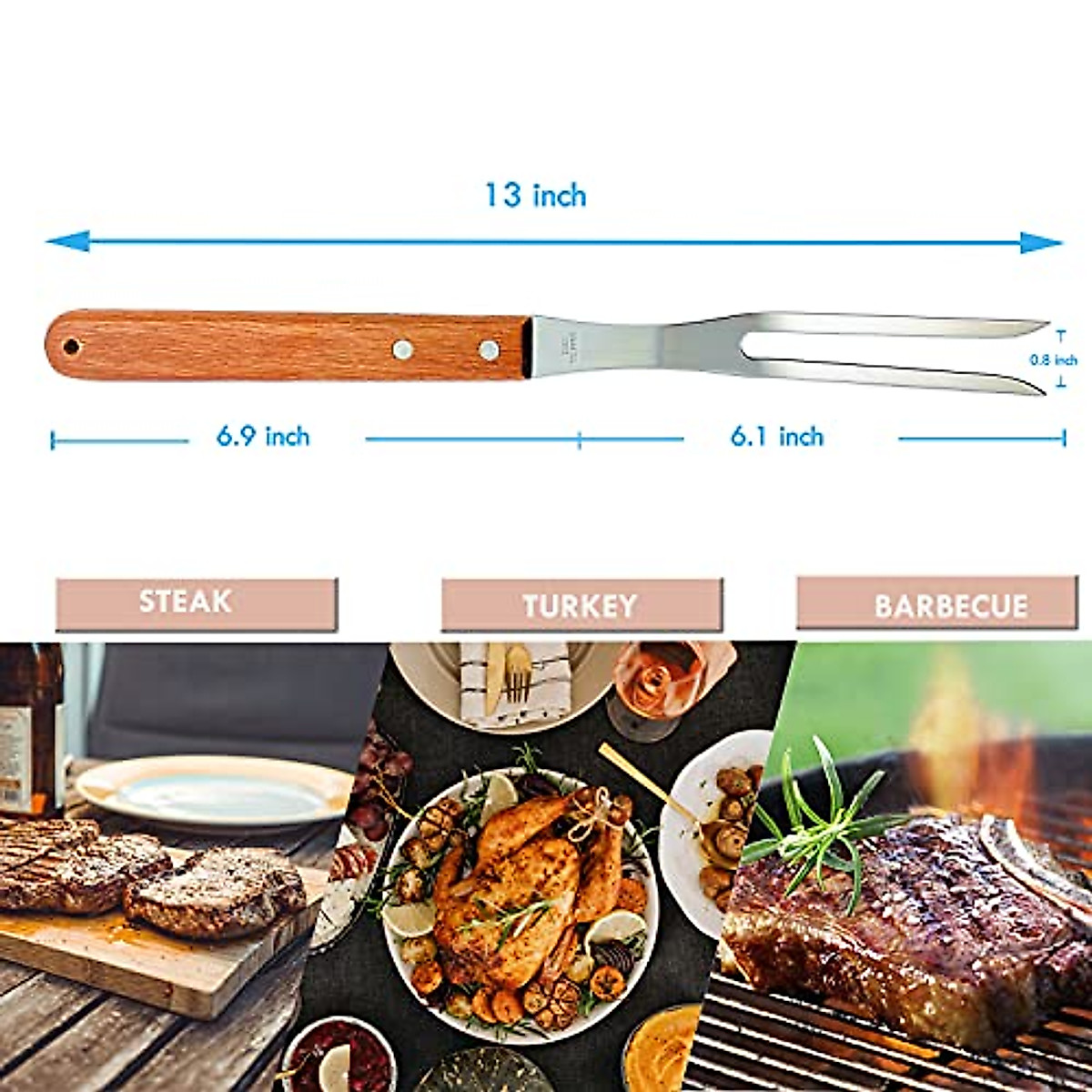 VOJACO Carving Fork, Meat Fork (2 Pack), 13 Inch Cooking Forks with Wooden Handle, Heavy Duty Stainless Steel BBQ Fork, Long Metal Chef Kitchen Forks for Barbecue, Serving, Cooking, Grilling, Roasting