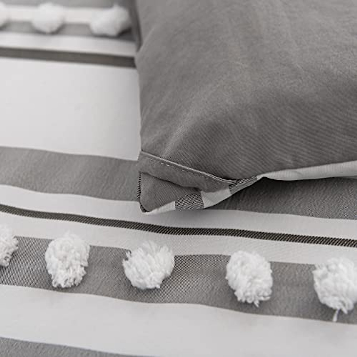 SLEEPBELLA Boho California King Comforter Set, Grey and White Tufted Ball Pom Striped Design, Extra Fluffy Bed Comforter 3pcs （1 Comforter with 2 Pillowcases）
