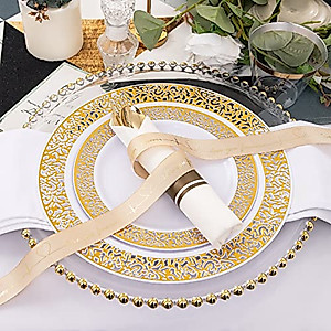WELLIFE 350 Pieces Gold Plastic Dinnerware,Disposable Gold Lace Plates, Include:50 Dinner Plates,50 Dessert Plates, 50 Pre Rolled Napkins with Gold Silverware and 50 Cups