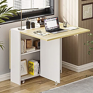Tiptiper Folding Dining, Versatile Dinner Table with 6 Wheels and 2 Storage Racks, Space Saving Kitchen, Dining Room Table, 31.5 in x 51.2 in x 28.4 in, Pear Wood Color and White