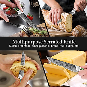 XT XITUO Serrated Steak Knife Set w/Beautiful Engraved Pattern - 6PC Premium 4.5 inch Steak Knives, German Steel Knife Table Dinner Knife w/Emerald Green Resin Handle for Home Restaurant