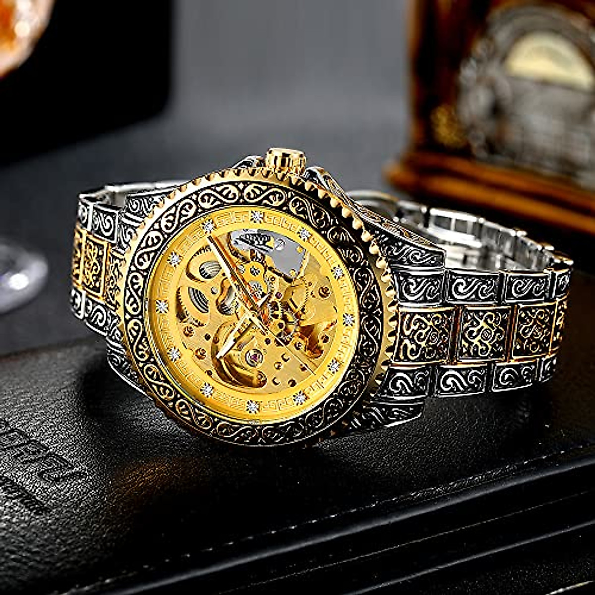 Luxury Men Automatic Mechanical Wristwatch Waterproof Stainless Steel Diamond Watch Golden Skeleton Men's Clock
