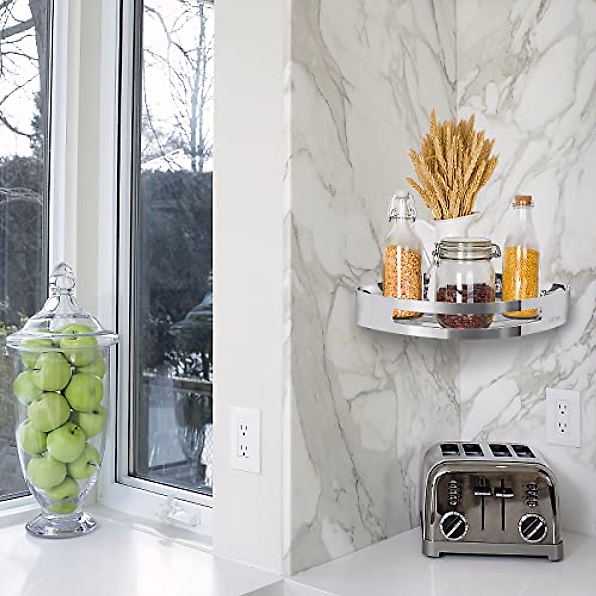 Gueryee Shower Wall Caddy Shelf Corner, Shower Rack Organizer, SUS 304 Stainless Steel Shower Storage Organization with 4 Hooks, Adhesive Bathroom Shower Shelf Large Capacity and Heavy Duty