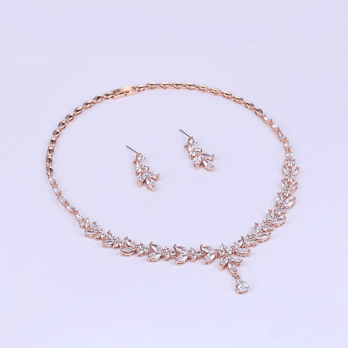 WeimanJewelry Silver/Gold Plated Women Cubic Zirconia Round CZ Marquise Teardrop Bridal Necklace and Drop Earring set for Bride Wedding (Rose Gold)