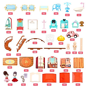 NOVSPER Doll House, Girl Toys Dollhouse with 2 Dolls, Pet Dog, Car,Light, Furnitures and Accessories, DIY Dollhouses Dreamhouse Kit Kids Toys Gift for Age 5 6 7 8+ Year Old(8 Rooms and 2 Balcony)