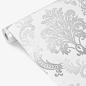 Yija Vintage White - Silver Floral Damask Wallpaper Vinyl Peel Stick Dresser Dresser Drawer Kitchen Adhesive Paper Sticker 17.7inch by 98inch