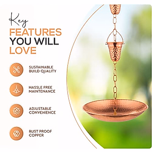 Marrgon Copper Anchoring Basin – Hammered Metal Bowl for Rain Chain Downspout Gutters – Beautiful Decorative Fountain Dish Display for Outdoor Garden, Lawn & Patio Water Feature – 11” Wide x 2” High