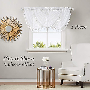 Central Park White Solid Waterfall Valance Window Curtain Linen Texture Rod Pocket with Tassel Accessories for Living and Bedroom Semi Sheer Kitchen Curtain, 56"x38", 1 Piece