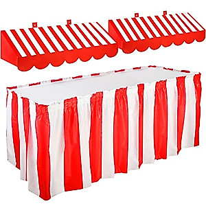 3D Awning Wall Decorations and Stripe Table Skirts Cardboard Awning Tent Decors for Doors Window Classroom Concession Room Carnival Circus Party Decorations (Red White, 3 Pieces)