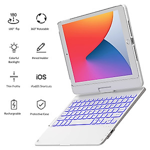 CHESONA for iPad 9th Generation Case with Keyboard, 360° Rotatable, 7 Color Backlit, Slim Cover, Apple Pencil Holder, Keyboard for iPad (8th/7th Gen 10.2 Inch), Air 3rd Gen, Pro 10.5 inch
