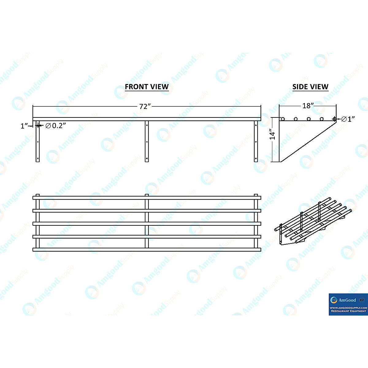 AmGood 72" Long X 18" Deep Stainless Steel Tubular Wall Shelf | NSF Certified | Appliance & Equipment Metal Shelving | Kitchen, Restaurant, Garage, Laundry, Utility Room