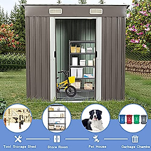 6.4 x 4ft Outdoor Metal Storage Shed，with Lockable Doors, Floor Frame, Sun Protection, Waterproof Tool Storage Shed for Patio, Lawn,Backyard (Gray-6.4 x 4ft)