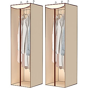 STORAGE MANIAC 2-Pack Hanging Garment Bag, Long Garment Cover for Closet, Clear Garment Bags for Storage, Large Garment Storage Bag for Dresses, Suits, Gown, Coat, Uniforms, Zipper Cover with Sealed Clear Window, Beige
