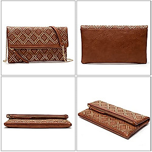 NOL Natural Organic Lifestyle Women Crossbody Bag Shoulder Handbag Evening Clutch Purse with Studs Chaine Strap (Brown)