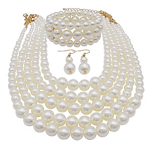 MeliMe Faux Big Pearl Srand Necklaces for Women 5 Layers Pearl Bib Collar Necklace Bracelet and Earrings set 1920s Costume Pearl Jewelry Bridal Wedding gift (white pearl necklace set)