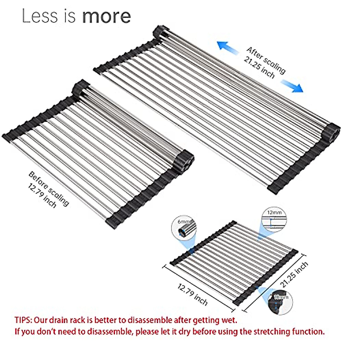 ARAINY Large Telescopic Drain Rack Roll Up Dishes Drying Rack Expandable Kitchen Sink Rack Over The Sink Dish Drying Rack SUS304 Stainless Steel Dish Rack (21.25''x12.79'')