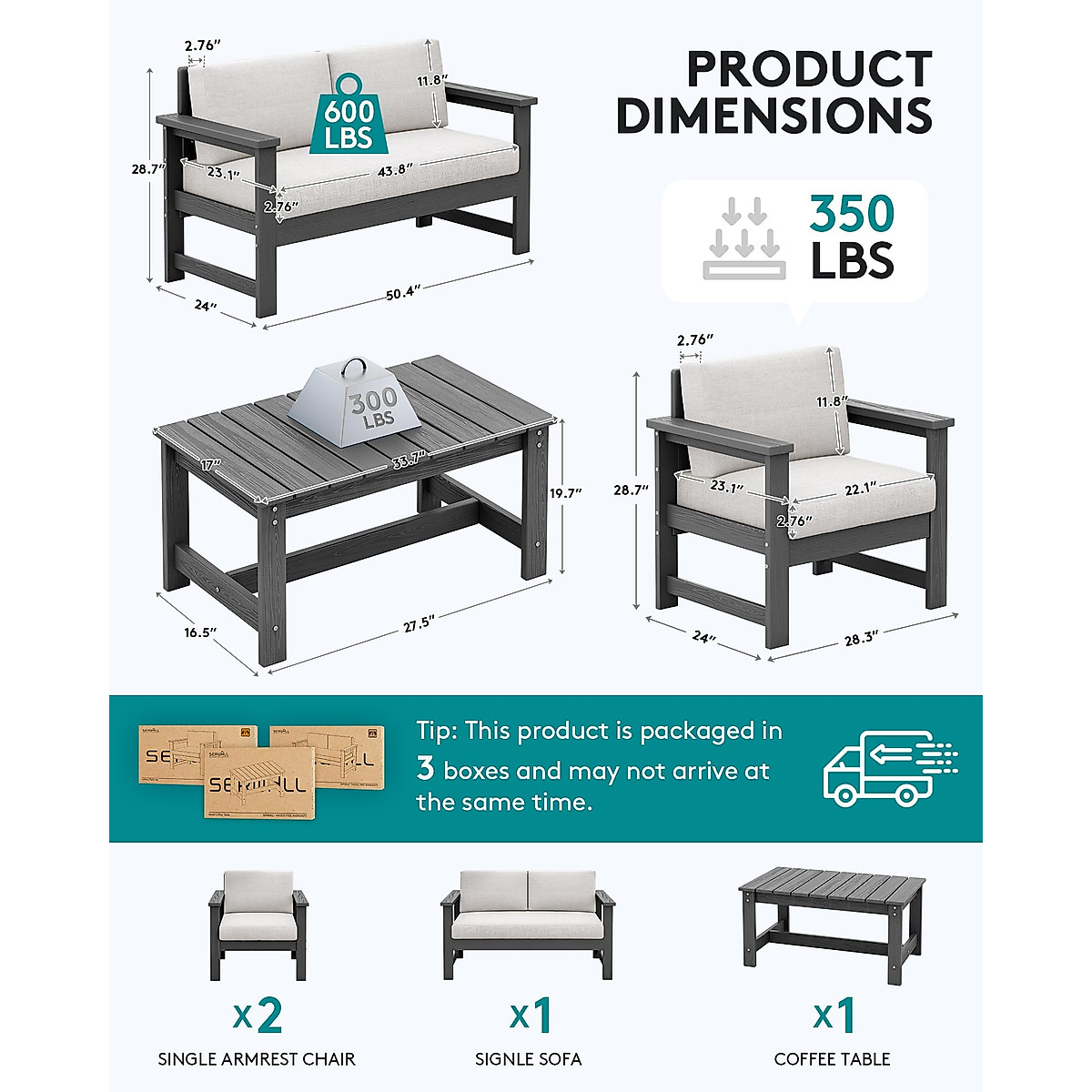 SERWALL 4 Pieces Outdoor Conversation Sofa Set with Cushions, HDPE Outdoor Couch Loveseat Furniture with Side Table All Weather Use for Patio, Balcony, Deck, Poolside, Grey Frame with Khaki Cushions