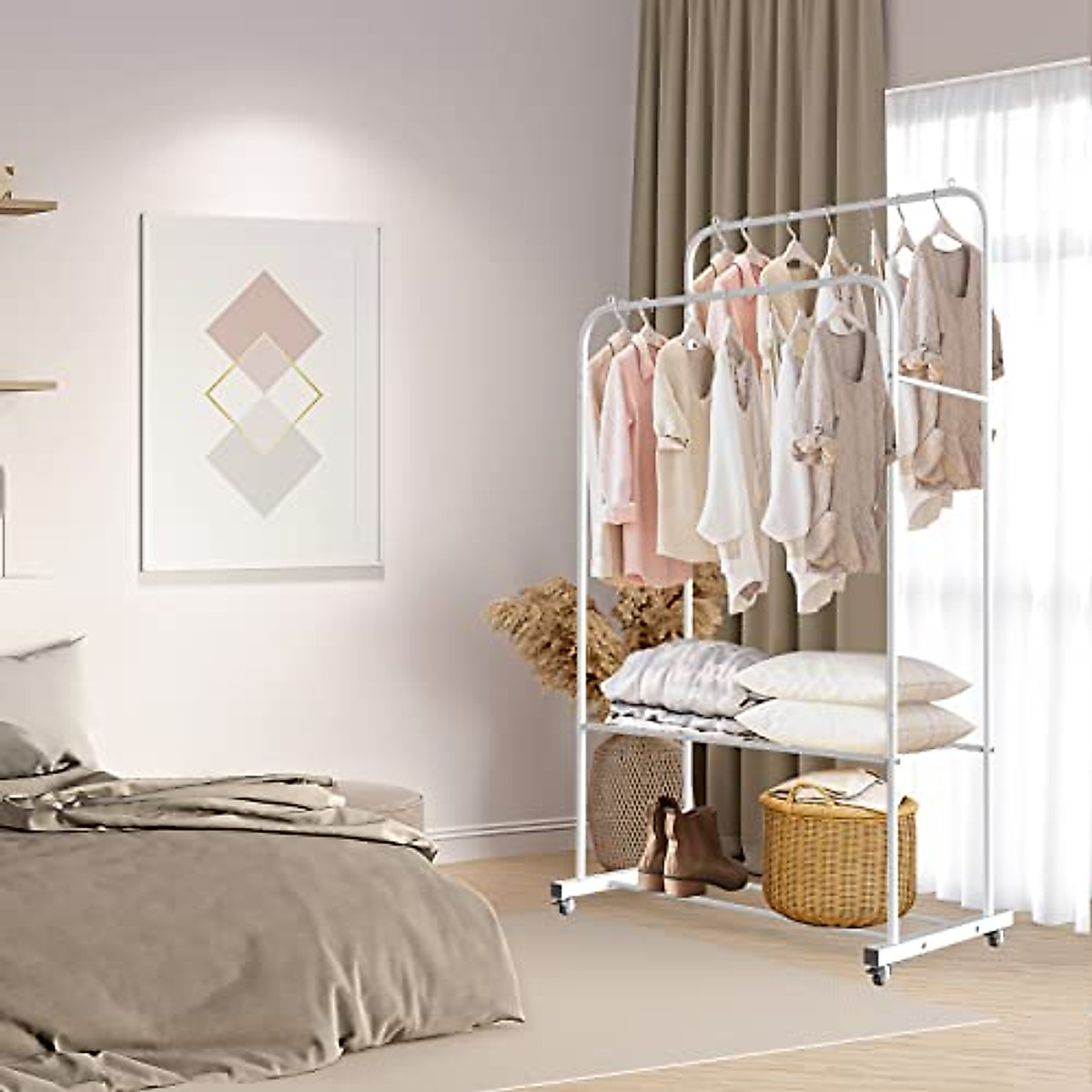 Metal Clothes Hanging Rolling Garment Rack with 2 Tier Shelves and Double Rod, Multi-Purpose Double Rail Standing Closet Storage Organizer, Upgrade Heavy Duty Rolling Pipe Coat Hanger for Boxes Shoes